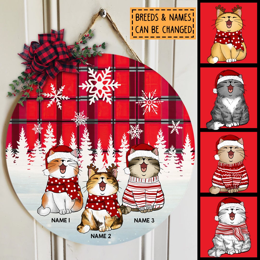 Christmas Door Decorations, Gifts For Cat Lovers, Cat In Snow Red Plai